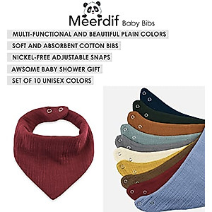 Meerdif Muslin Baby Bibs 10 Pack Baby Bandana Drool Bibs for Unisex Boys Girls, 100% Cotton 10 Solid Colors Set for Teething and Drooling