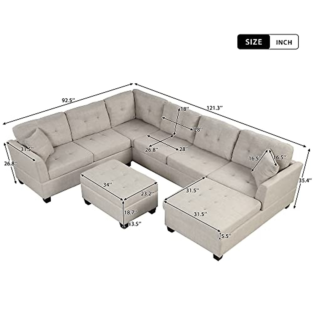 P PURLOVE Sectional Sofa, Large Sectional Sofa with Storage Ottoman, U Shaped Linen Sectional Couch with 2 Throw Pillows for Living Room, Large Space Apartment (Beige)