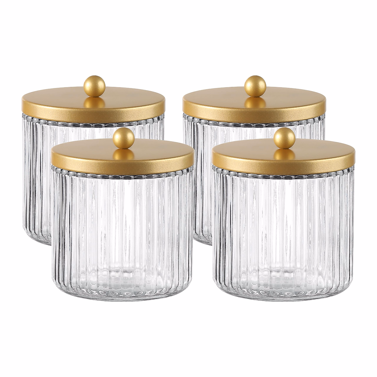 KMwares Glass Qtip Holder Dispenser Set for Cotton Ball, Swab, Round Pads, Floss Picks - Bathroom Canister Storage Organization and Vanity Makeup Organizer (4, Golden)