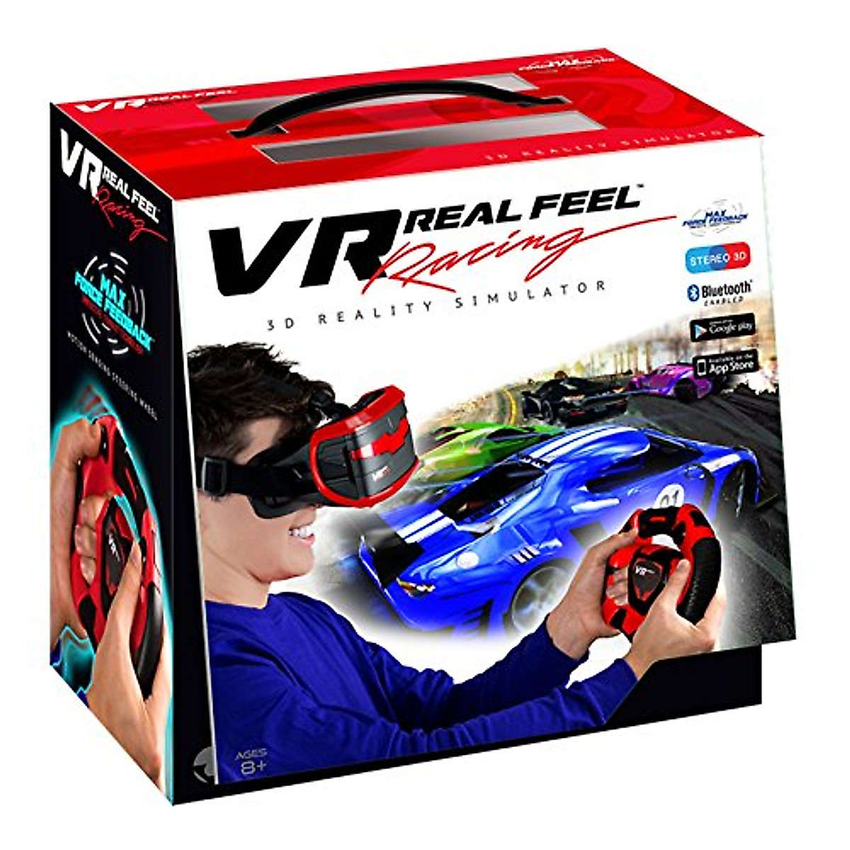 VR Real Feel Virtual Reality Car Racing Gaming System with Bluetooth Steering Wheel and Headset Goggles Viewer Glasses for iOS iPhone and Android