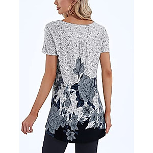 BAISHENGGT Women's V Neck Short Sleeve Buttons Pleated Flared Tunic Tops Grey - Peony XXL