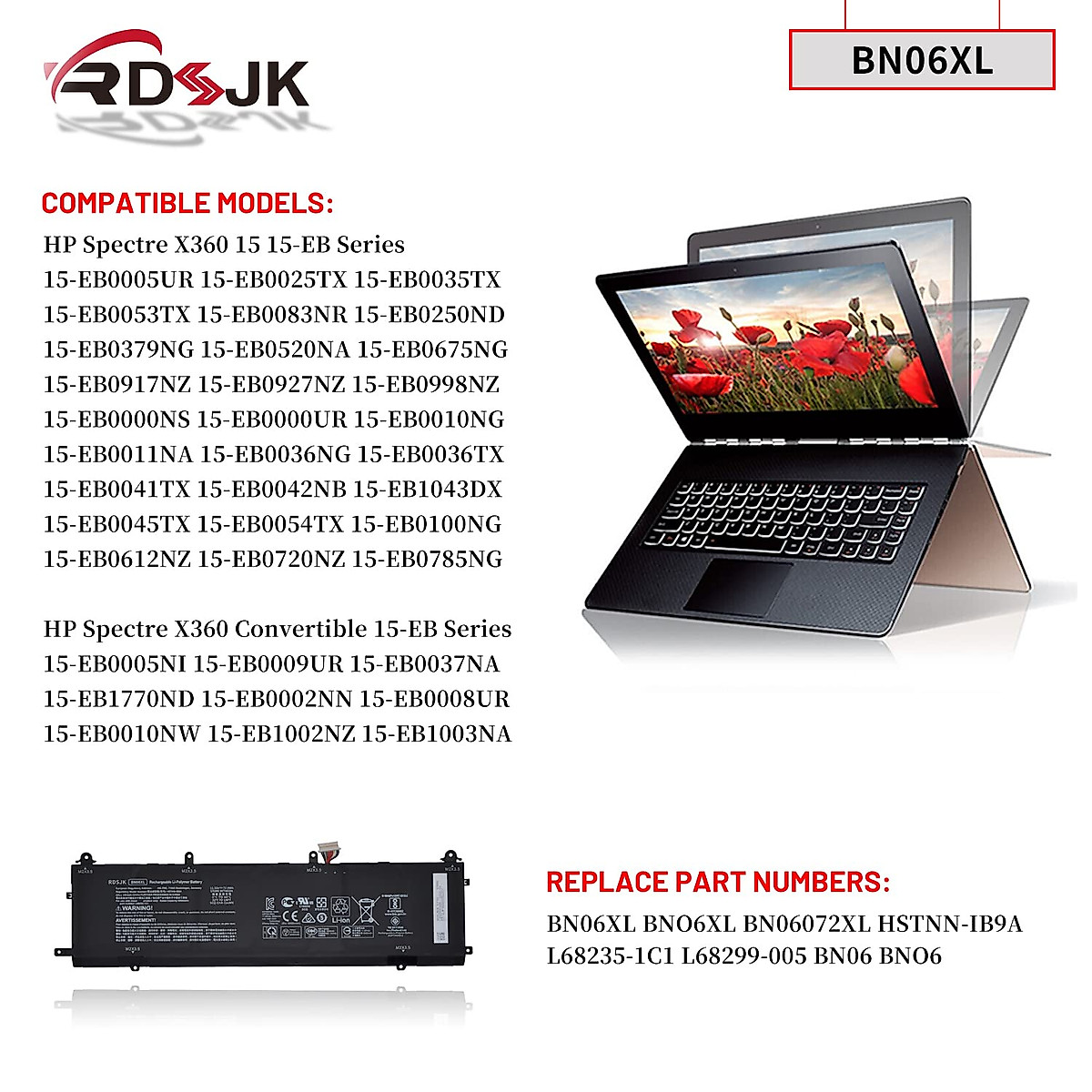BN06XL HSTNN-IB9A Laptop Battery for HP Spectre X360 15 15-EB 15-EB0005UR 15-EB0000NS 15-EB0010NG X360 Convertible 15-EB0005NI 15-EB0008UR 15-EB0037NA L68299-005 L68235-1C1 BN06072XL 11.55V 72.9Wh