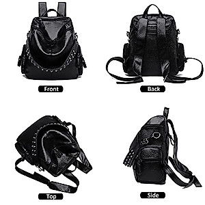 KOOIJNKO Women Backpack Purse, Rivet Studded Rucksack Convertible Ladies Fashion Casual Travel Daypack, 3 Ways Washed Leather Shoulder Bag (Black)