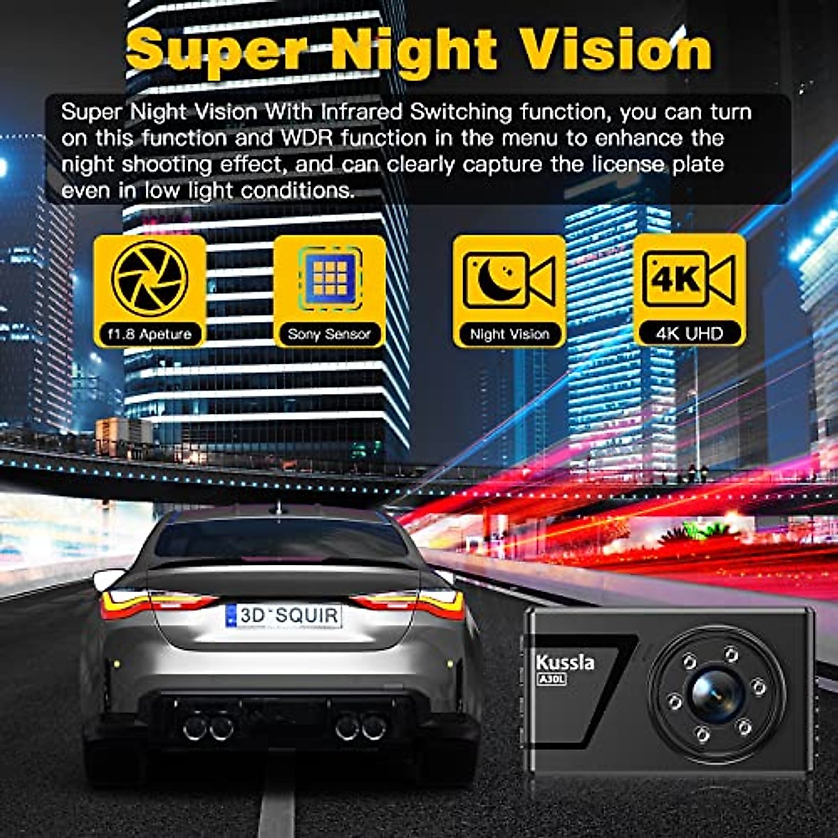 4K Dash Cam Front with SD Card, Kussla WiFi Dash Camera for Cras, 2160P Dashcam for Cars with App Control, Super Night Vision Car Camera, WDR, G-Sensor, Loop Recording, Parking Monitor