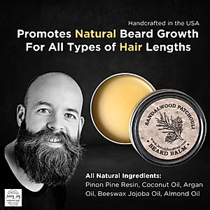 Made in USA Beard Balm for Men-Sandalwood & Patchouli Scent-Mustache Wax Conditioner and Moisturizer-Rich Nutrients Beeswax, Jojoba, Coconut Oil & Pinon Pine Resin-Beard Wax for Men for Grooming 2 0Z