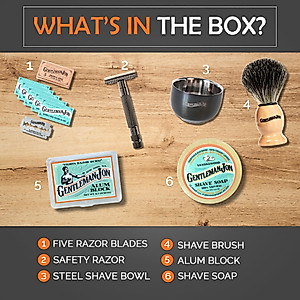 Gentleman Jon Safety Razor Shaving Kit | Vintage Wet Shave Grooming Set for Men - Includes: Safety Razor, Hair Shaving Brush, Alum Block, Shave Soap, Bowl & Double Edge Razor Blades