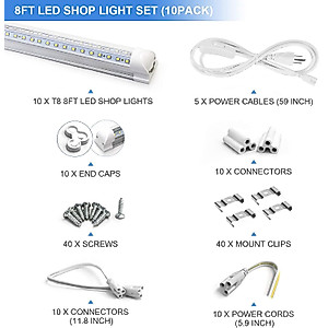 10-Pack 8ft LED Shop Light Fixture - 90W T8 Integrated LED Tube Light - 6500K 12000LM V-Shape Linkable - High Output - Clear Cover - Plug and Play - 270 Degree Lighting for Garage, Shop, Barn