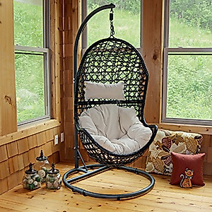 Sunnydaze Cordelia Hanging Egg Chair with Steel Stand Set - Resin Wicker - Outdoor Large Basket Design Patio Lounge Chair - Includes Beige Cushion and Headrest