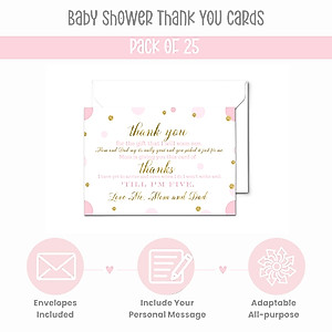 Paper Clever Party 25 Pink and Gold Baby Thank You Cards Pack – Cute Baby Shower Notes with Envelopes, Prefilled Message, Customizable Blank Stationery, Princess Theme, New Parents Gift Ideas