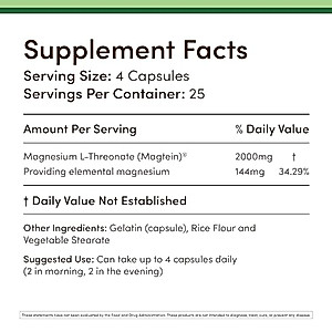 Magnesium L Threonate Capsules (Magtein) – High Absorption Supplement – Bioavailable Form for Sleep and Cognitive Function Support – 2,000 mg – 100 Capsules
