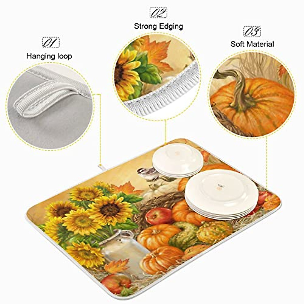Fall Sunflowers Pumpkin Bird Dish Drying Mat, Drying Mat For Kitchen Counter, Absorbent Polyester Material, Heat-resistant Drying Mat 16 In x 18 In