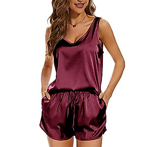 MOYEE Women Silk Pajama Set Soft Satin V Neck Tank Top and Shorts 2 Piece lounge Sets with Pockets(Wine Red, Large)