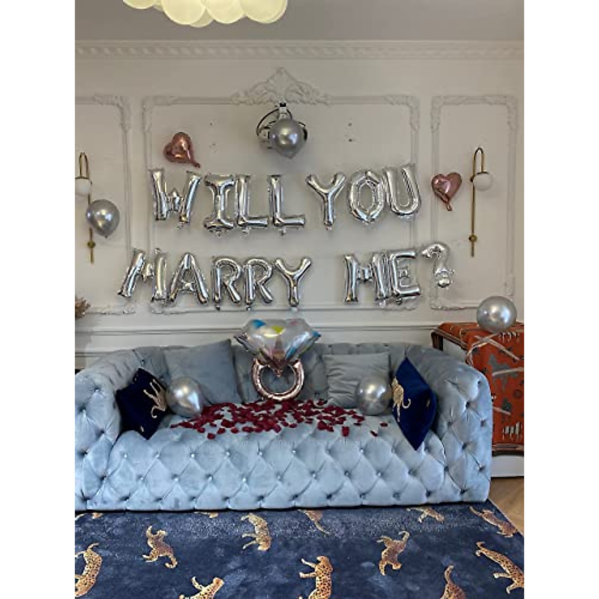 40 Pcs-Silver "Will you marry me" Balloon Pack -Proposal Balloon Banner and 2000 pcs Red Rose Petals proposal Decoration-proposal idea-Diamond ring Balloon-Valentine's Day Proposal (silver floral proposal)