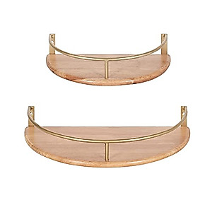 Kate and Laurel Camryn Boho Half Moon Wall Shelf Set, Set of 2, Natural Wood and Gold, Decorative Bohemian Half Circle Shelf for Household Storage and Boho Decor