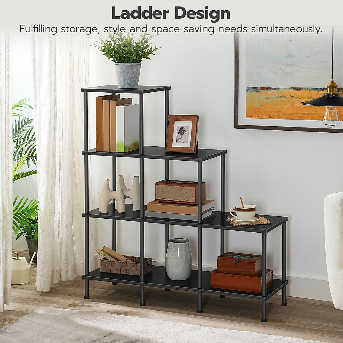 HOOBRO DIY Bookshelf Organizer, 4-Tier Cube Shelf Organizer, Industrial Stepped Bookcase, Ladder Shelf with 6-Cube Storage Organizer, Cube Bookcase, Cube Storage Shelf for Living Room, Black BB39CJ01