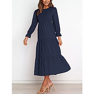 LOGENE Womens Round Neckline Shirred Bodice Maxi Dress Tiered Panel Skirt-6L55-zanglang-M Navy Blue