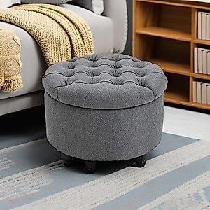 HOMCOM Round Linen-Touch Fabric Storage Footstool Ottoman Button Tufted Footrest with Removable Lid, Grey