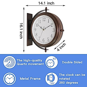 Bestime 66264A 16-Inch Antique Red Copper Double Sided Metal Wall Clock Quiet,Easy Read,Home Décor,Indoor,Outdoor,Garden,Farmhouse,Yard,Station,Office,Photography Props,Living Room,Kitchen,Bedroom.