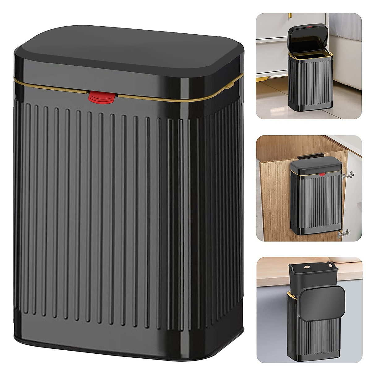 GloDeals Kitchen Hanging Trash Can with Lid, 2.1Gal/ 8L Stainless Steel Trash Can Compost Bin Counter Top, Wall-Mount Indoor Kitchen Trash Bin for Cabinet, Under Sink, Bathroom (Black)