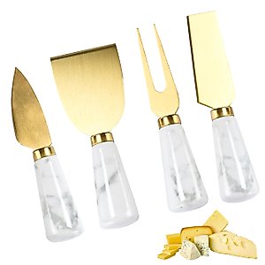 Hallops Marble Cheese Knife Set - 4 Knives for Charcuterie Board & Utensils, Rustic Ceramic White Handle, Elite-Quality Cutlery, Ideal Serving Accessories for Cheese & Wine - Ideal Gift