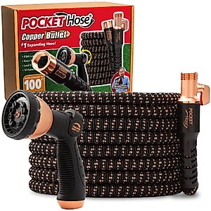 Pocket Hose Copper Bullet Expandable Garden Hose w/10 Pattern Thumb Spray Nozzle AS-SEEN-ON-TV 100 FT 650psi 3/4 in Patented Lead-Free Ultra-Lightweight Solid Copper Anodized Aluminum Fittings No-Kink
