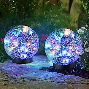 2-Pack Garden Solar Lights Decorative, Colored Cracked Glass Globe Lights Outdoor RGBW 30 LEDs, Waterproof Ball Lights for Yard Patio Lawn Pathway Halloween Christmas Outside Decor, 4.72", Multicolor