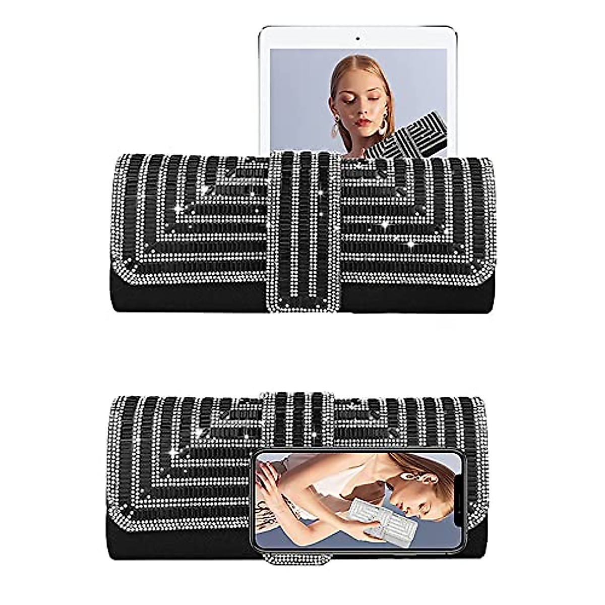 QELEG Satin Evening Bags Rhinestone Clutch Purses for Women Handbags Formal Wedding Party Prom Purse Money Bags (Black)