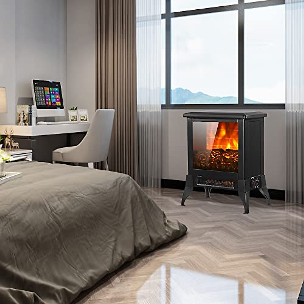 1400W Electric Fireplace Heater, Freestanding Electric Fireplace with Realistic Flame Effect, Portable Fireplace with Adjustable Temperature and Overheat Protection, Metal Stove Fireplace Heater