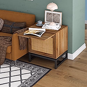 SeokIljin Natural Rattan Door Nightstand,with 1 Rattan Door Drawer,Rustic Bedside Table Cabinet Accent Table with Sturdy Metal Leg for Living Room,Bedroom