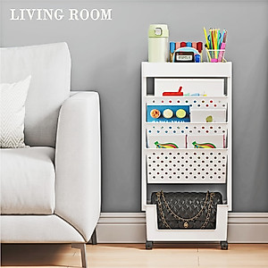 POBOMULI 5-Tier Bookshelf, Book Storage Organization with Wheels Mobile Rolling Bookshelves Cart for Home Office Kids’ Study Room School, White