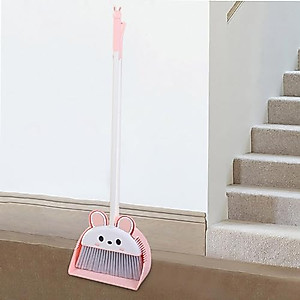 JISADER Broom and Dustpan Set Dense Bristles Built in Broom Comb Sweeping Broom for Home, Pink