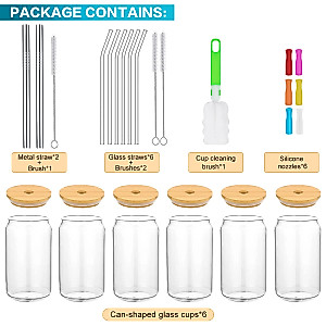 6 Pack Beer Coffee Glasses with Bamboo Lids and Glass Straws, 16oz Iced Coffee Cups, Can Shape Glass Cups, Drinking Glasses with Lids and Straws, Beer Glasses, Ideal for Water, Soda, Tea, Gift