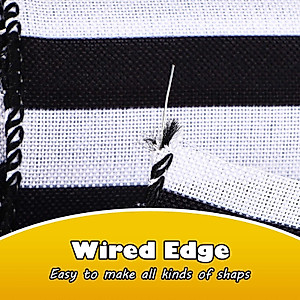 2 Rolls 10 Yards Horizontal Stripe Wired Ribbon Burlap Ribbon for Wreath, Bows Decor (Black)