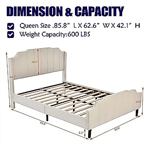 Queen Size Velvet Upholstered Platform Bed Frame with Comfortable Headboard, Modern Elegant Platform Bed with Sturdy Wood Slats Support & Footboard for Bedroom Girls, No Box Spring Needed (Beige)