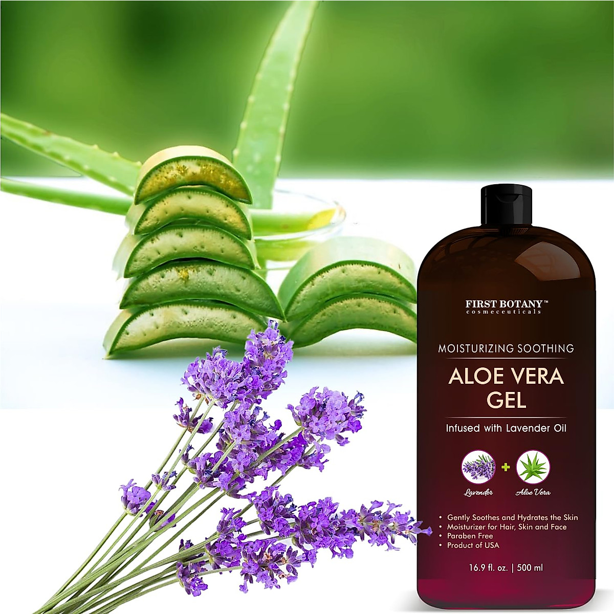 First Botany, Pure Aloe vera gel - with 100% Fresh & Pure Aloe Infused with Lavender Oil - Natural Raw Moisturizer for Face, Skin, Body, Hair. Perfect for Sunburn, Acne, Razor Bumps 16.9 fl oz