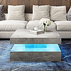 HedoAjim LED Coffee Table for Living Room, Living Room Table 2-Tier Square Middle Center Table, Modern Coffee Tables with Storage, Contemporary Wood Tea Tables for Dining Reception, Grey