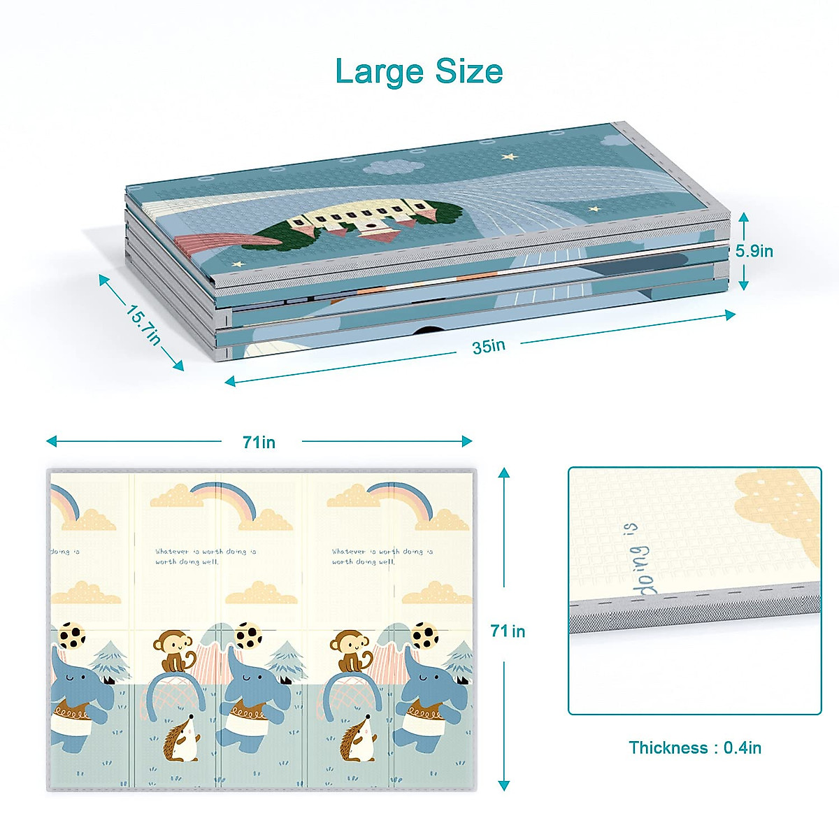 YOOVEE Foldable Baby Play Mat for Crawling, Extra Large Play Mat for Baby, Waterproof Non Toxic Anti-Slip Reversible Foam Playmat for Baby Toddlers Kids (Whale)