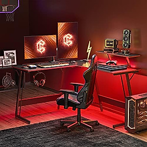 CubiCubi Flame Gaming Desk 50.4” with LED Strip & Monitor Stand, L Shaped Computer Desk Carbon Fiber Surface Gaming PC Table