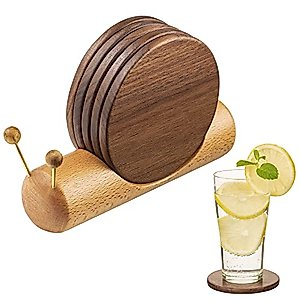 Wooden Coasters for Drinks-Natural Acacia Wood Drink Coaster Set for Drinking Glasses , Tabletop Protection for Any Table Type , Set of 5-Dia 3.5*3.5inchs（New Snail Coasters）