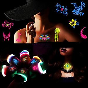 8 Large Sheets Neon Temporary Tattoos Glow In The Dark Neon Tattoos for Party Decoration Fake Tattoos UV Blacklight for Adults Kids Birthday Party Decoration