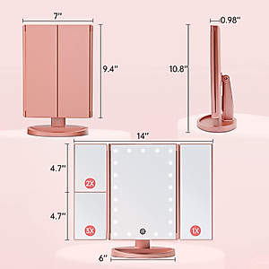 FASCINATE Lighted Makeup Mirror, Feature 21 Bright LED Lights, Dimmable Brightness, One Touch Power Switch, Multiple Magnifying Option (3x/2x/1x) Trifold LED Vanity Mirror, 180 Degrees