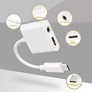 USB C to 3.5mm Audio Adapter, HiMusic 2 in 1 USB Type C Male to 3.5mm Female Stereo Earphone Dongle and Charging Adapter Compatible with Google Pixel 4/3/2XL,Galaxy S20+/Note 10/10+ and More(White)
