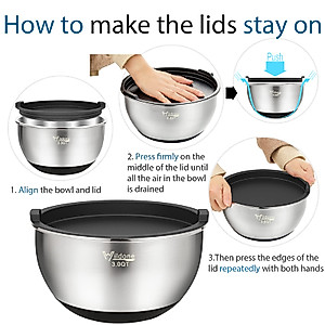 Wildone Mixing Bowls with Airtight Lids, Stainless Steel Nesting Mixing Bowls Set of 5, with Non-slip Silicone Bottoms, Size 8, 5, 3, 2, 1.5 QT, Stackable Design, Great for Mixing and Prepping