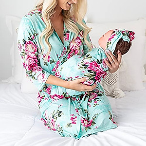 DOUBLE THE SPRINKLES Matching Robe and Swaddle Set Mom And Baby - Mommy & Me Matching Outfits, Hospital Robe For Labor With Delivery Gown, Baby Blanket & Headband (XL, Aqua Floral)