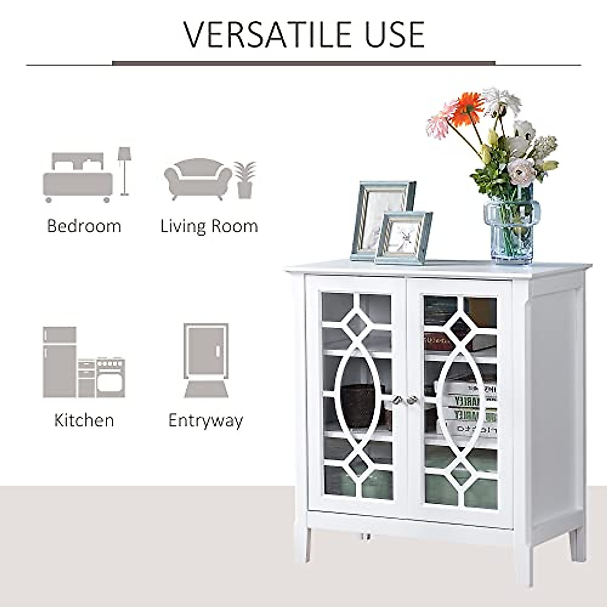 HOMCOM Sideboard Buffet Cabinet, Kitchen Storage Cabinet, Double Glass Door Accent Cabinet with Adjustable Shelves for Entryway, Living Room, White