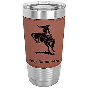 LaserGram 20oz Vacuum Insulated Tumbler Mug, Bronco Rider, Personalized Engraving Included (Faux Leather, Dark Brown)