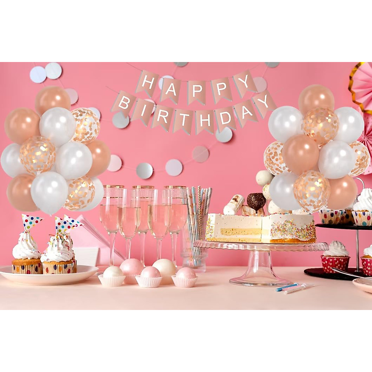 Rose Gold 40inch Number 1 Balloon, First Birthday Decorations For Girl With Rose Gold White Confetti Balloons, Happy Birthday Banner Large 1 Balloon For Baby Girl Princess Birthday Party Decor