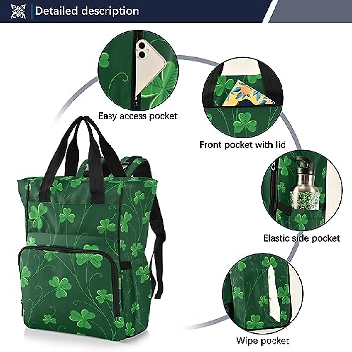 Clover St Patricks Diaper Bag Backpack for Baby Boys Girls Multifunction Baby Essentials Travel Tote with Stroller Straps & Bottle Storage Baby Diaper Bag for Dads Moms Hiking Shopping Traveling