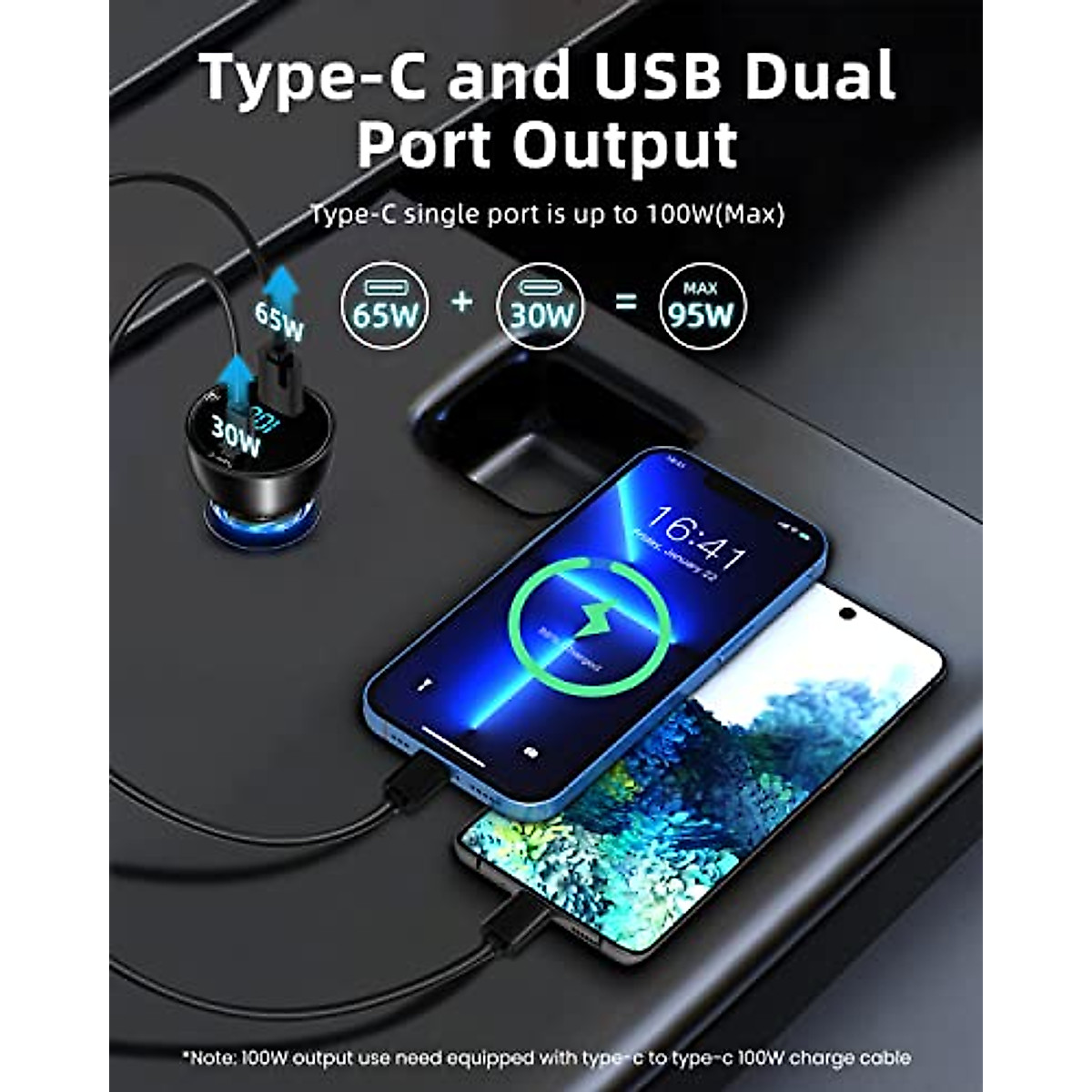 100W USB C Car Charger, Baseus PD3.0 QC4.0 PPS Super Fast Charging Type C Car Charger with LED Display Adapter for iPhone 14/13/ Pro Max Samsung Galaxy S22/S21 Ultra/Tab S8 iPad MacBook Laptop