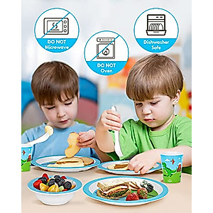 Lehoo Castle Kids Plates and Bowls Sets, 5 Piece Baby Feeding Set - Includes Plate, Bowl, Cup, Fork and Spoon Utensil Flatware, Kids Dinnerware Set for Kids, Toddlers (Dinosaur)